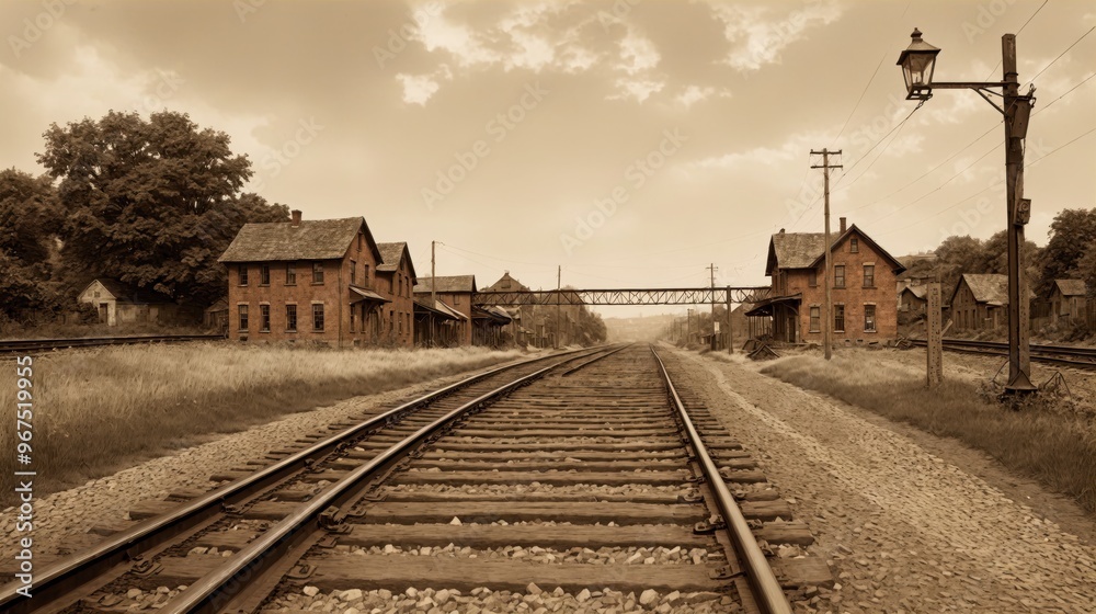 Generative AI, Empty railroad tracks stretching past rustic buildings ...