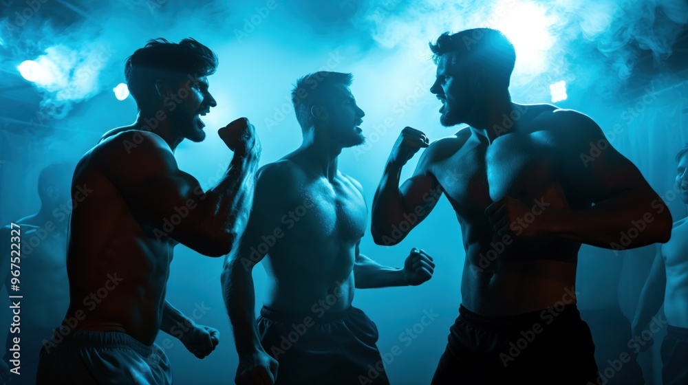 Under striking blue lighting, three fit men confront each other in a ...