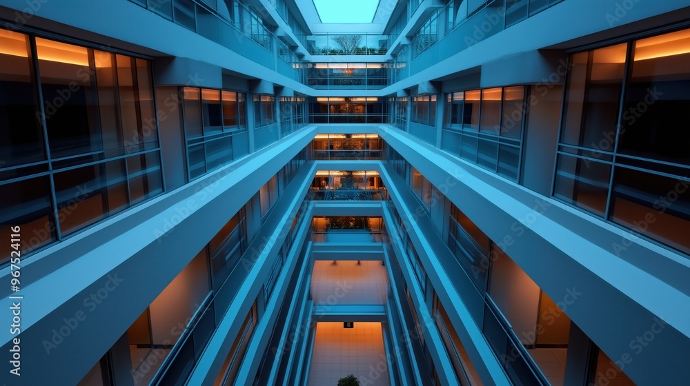 The multi-level atrium of an urban building features sleek ...