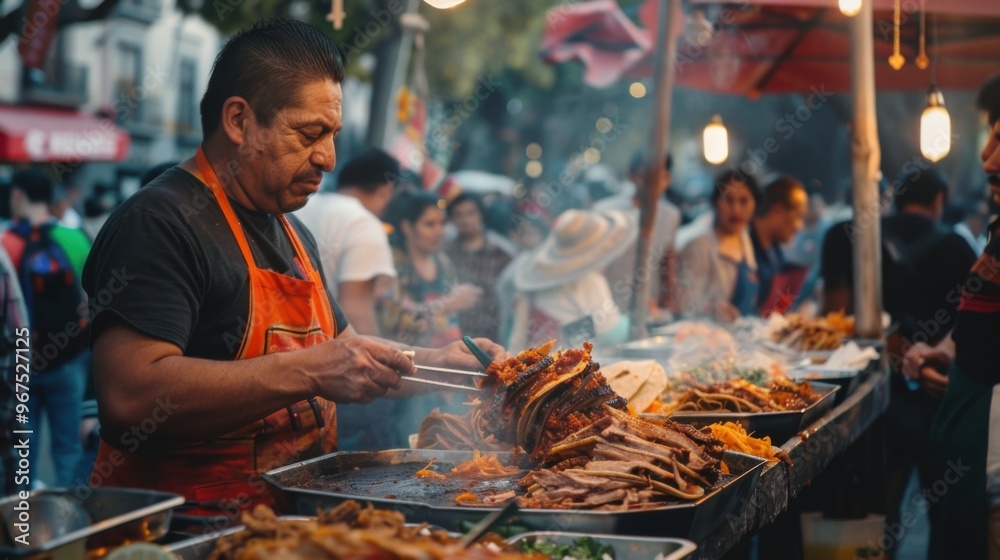 A street vendor in Mexico City making tacos al pastor, with a crowd of ...