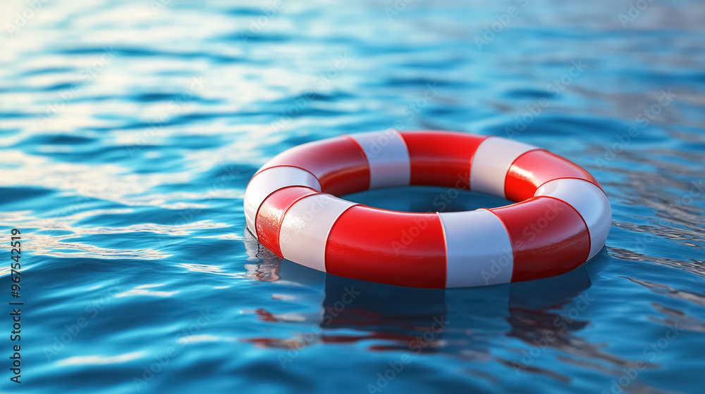 Red and white life preserver floats calmly on the blue surface of water ...