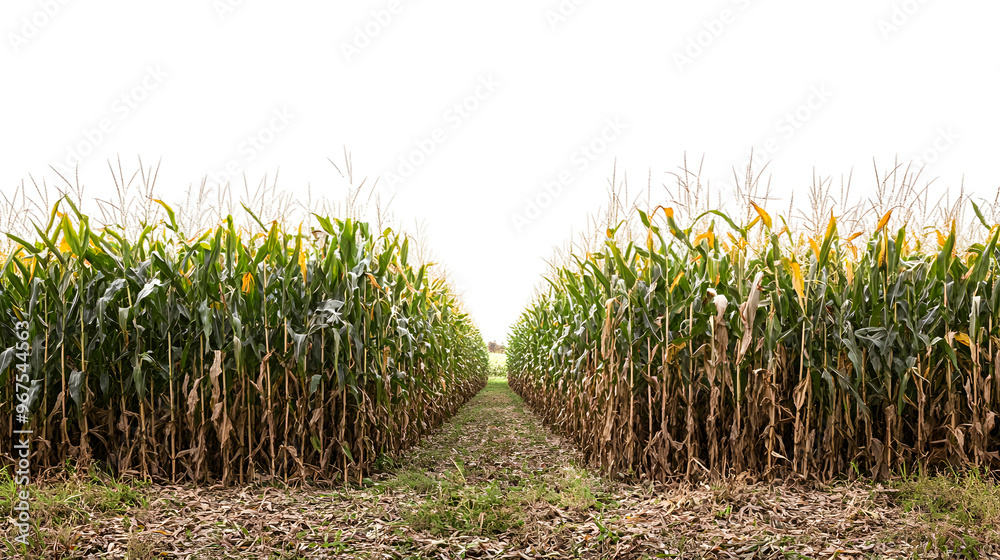 Rows of corn stretching towards the horizon in a rural field isolated ...