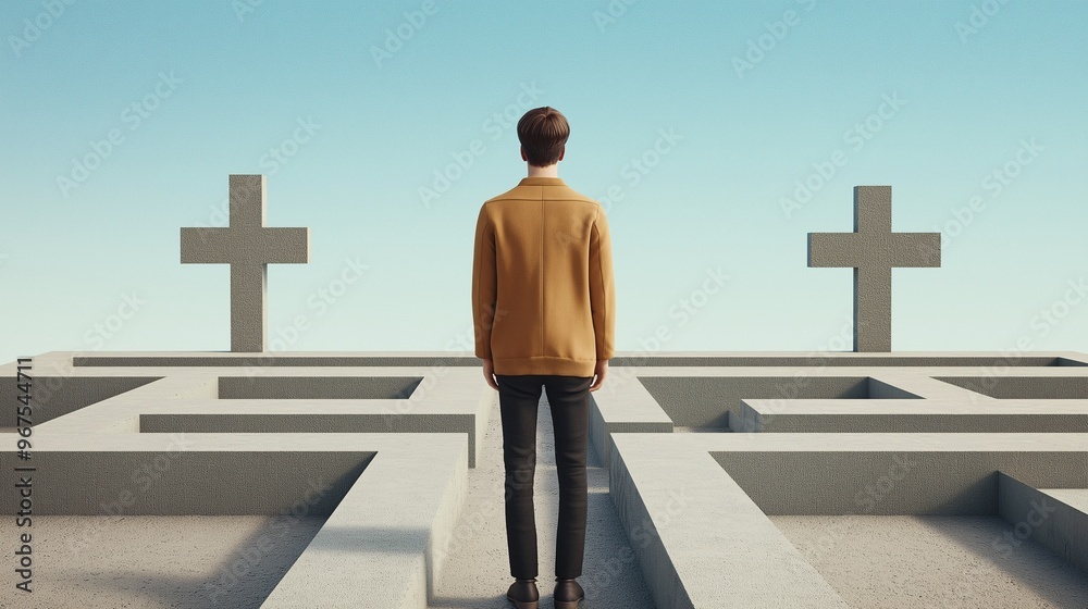 Crossroads of Faith: A lone figure contemplates his path, flanked by ...