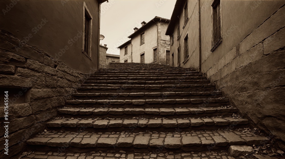 A set of old stone stairs in a quiet historic town, lined with potted ...