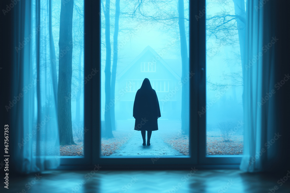 Mysterious Figure in Foggy Forest: A solitary figure shrouded in ...