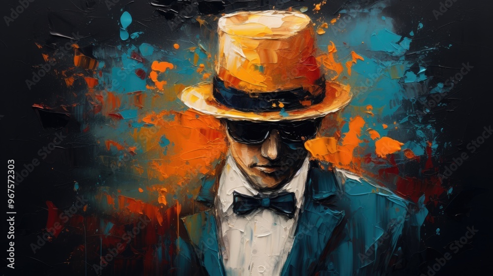 Abstract Painting of Gentleman Wearing Tuxedo Suit with Hat for Ready ...