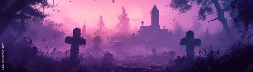 Eerie graves stand in misty twilight, casting shadows over a forgotten ...