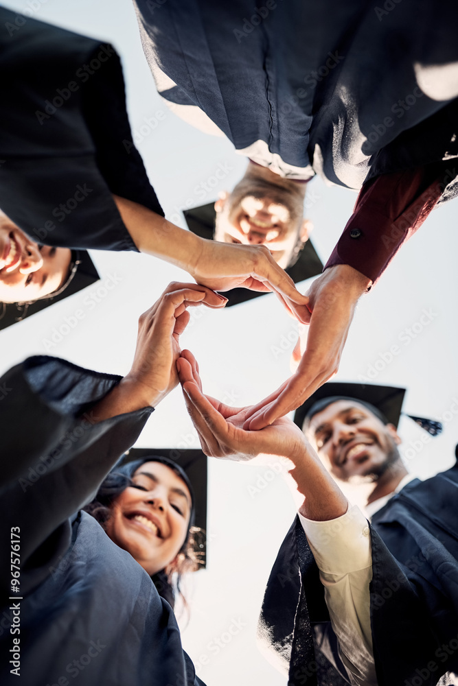 Education, group and circle of hands, graduation and symbol for unity ...