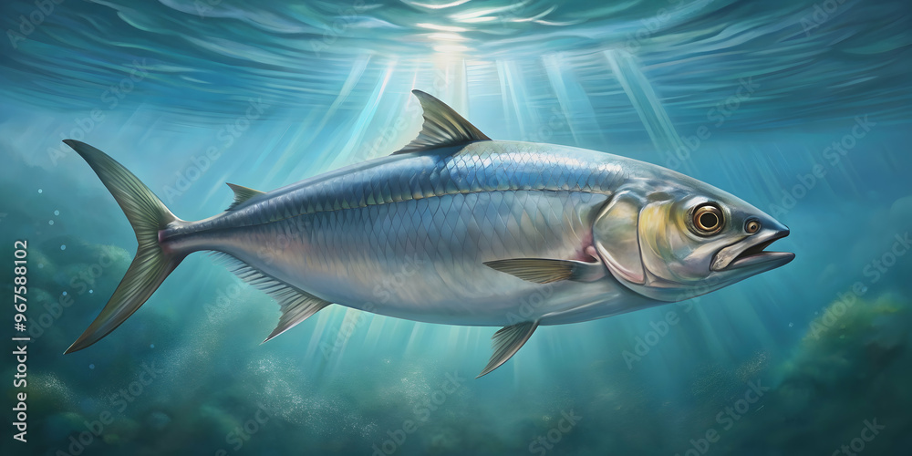 Realistic painting of a milkfish swimming gracefully in a watery ...