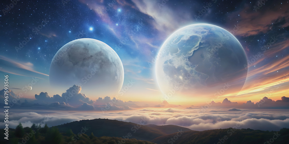 Majestic landscape with two moons in the sky, alien, outer space ...