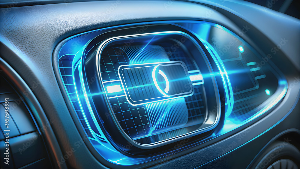 Futuristic HUD display showing battery charging status on DC fast ...