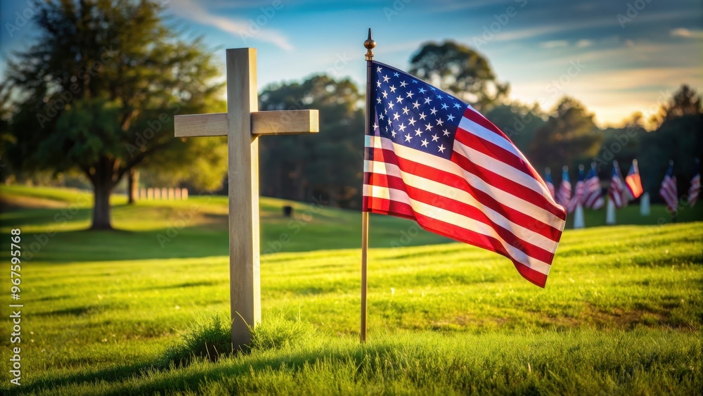 American flag draped over cross in memorial field, a patriotic tribute ...