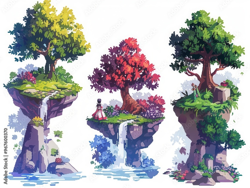 3 Digital pixel sprites flat design side view anime theme water color ...