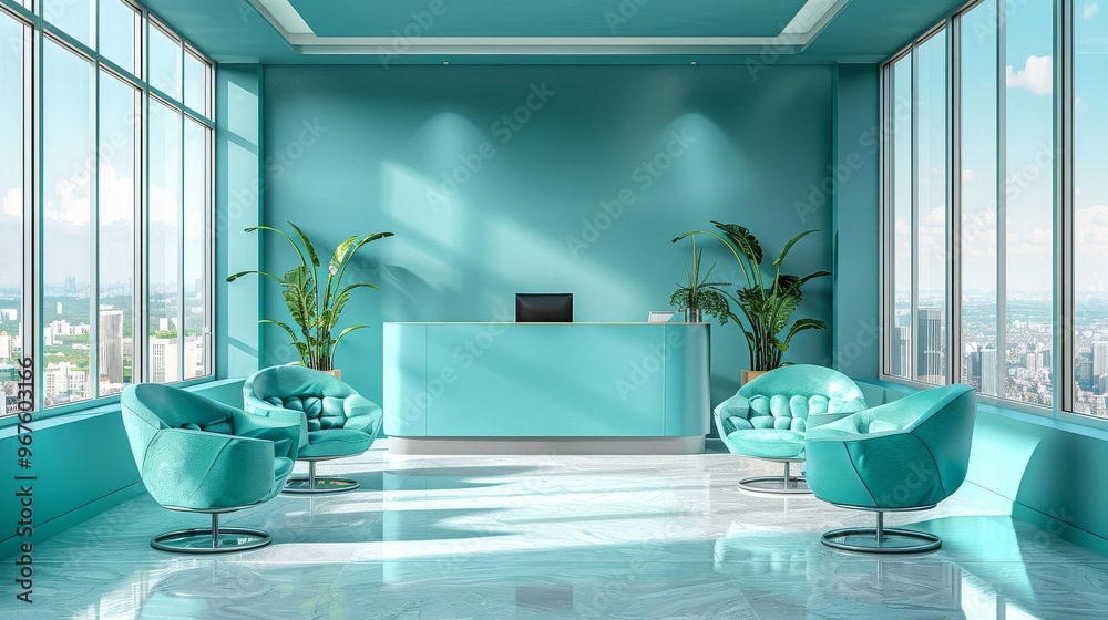 Modern hospital waiting room with turquoise furniture and decor, large ...