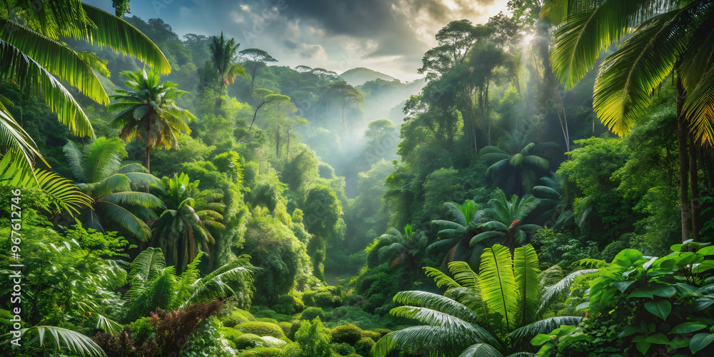 Lush and diverse ecosystem in a tropical rainforest, jungle, canopy ...