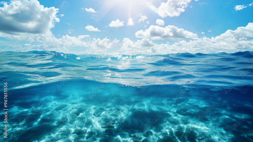 Blue Ocean Wave Under a Clear Sky with Sunlight on the Horizon, Serene ...
