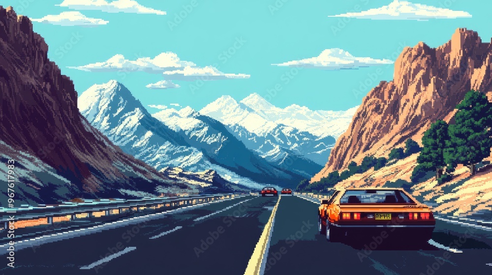 8-bit racing game scene with pixelated cars speeding down a highway ...