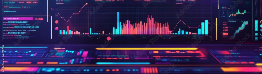 Futuristic data visualization with vibrant colors and graphs showcasing analytical insights and ...