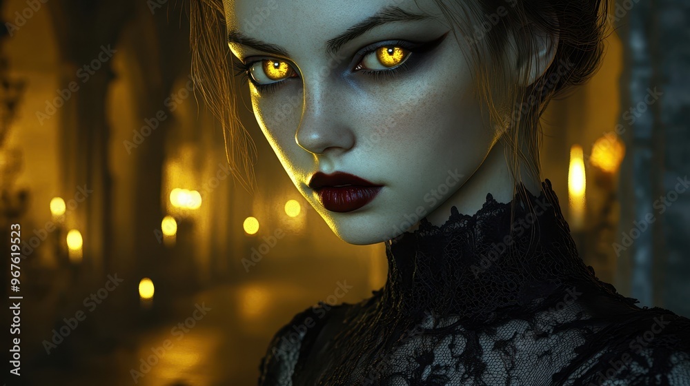 A close-up of a vampire with glowing red eyes and sharp fangs, blood ...