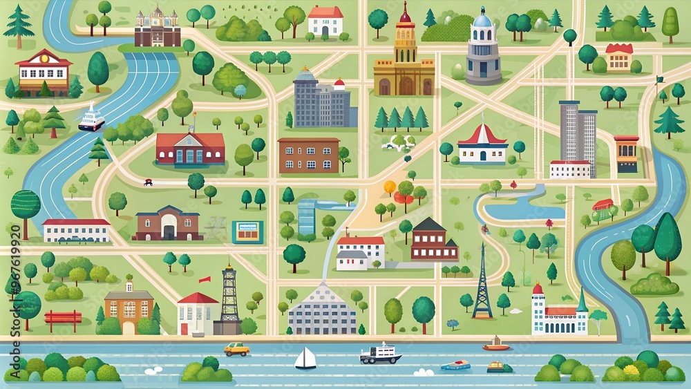 Vector City Map with Famous Landmarks, Roads, and Waterways Stock ...