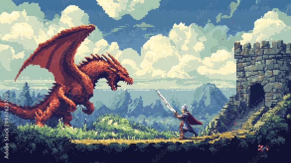 8-bit style pixel art of a knight battling a dragon in a blocky, retro ...