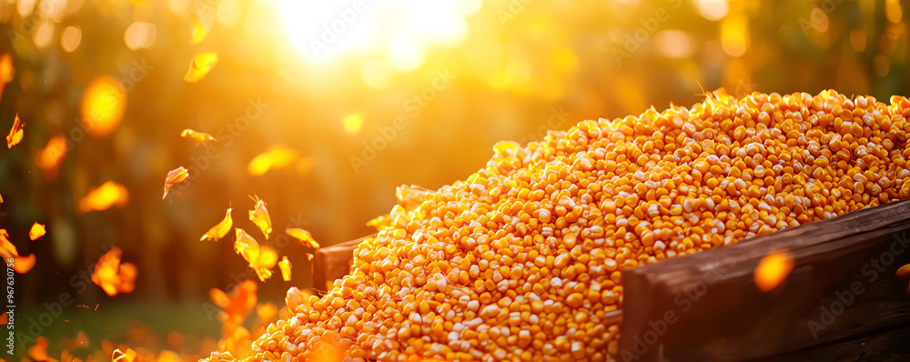 Golden ears of corn being piled high in a rustic cart, soft autumn sun ...