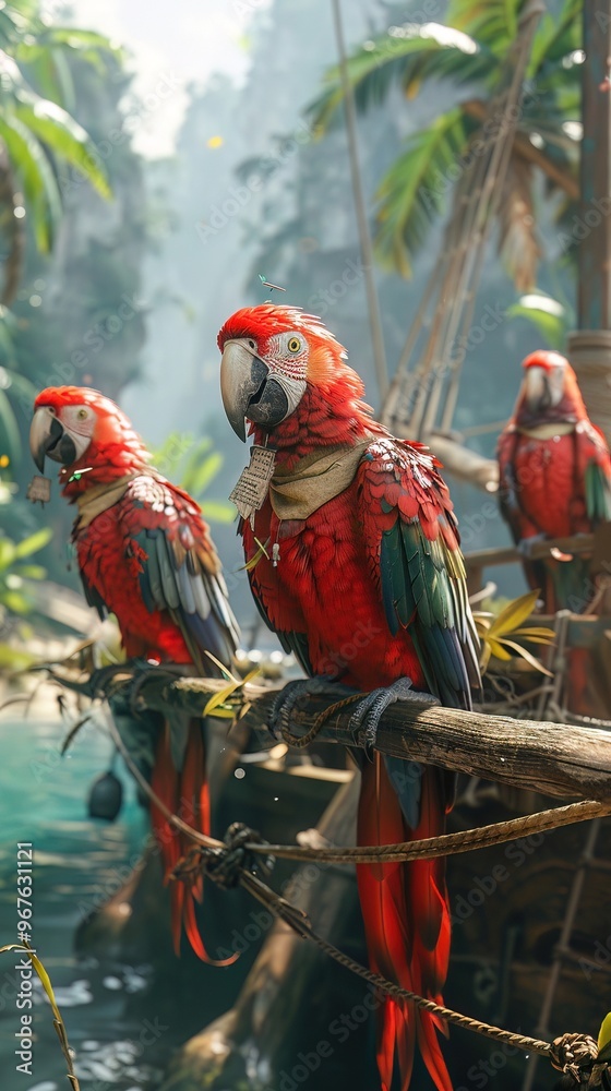 Parrots in a 3D realistic action rendering conduct a mock pirate raid ...