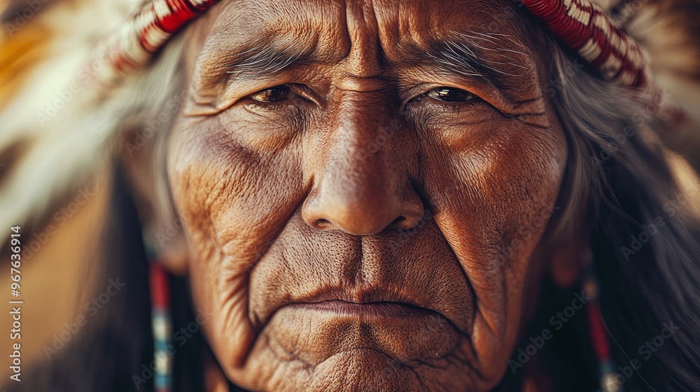 close-up portrait of a native american elder in ceremonial regalia ...