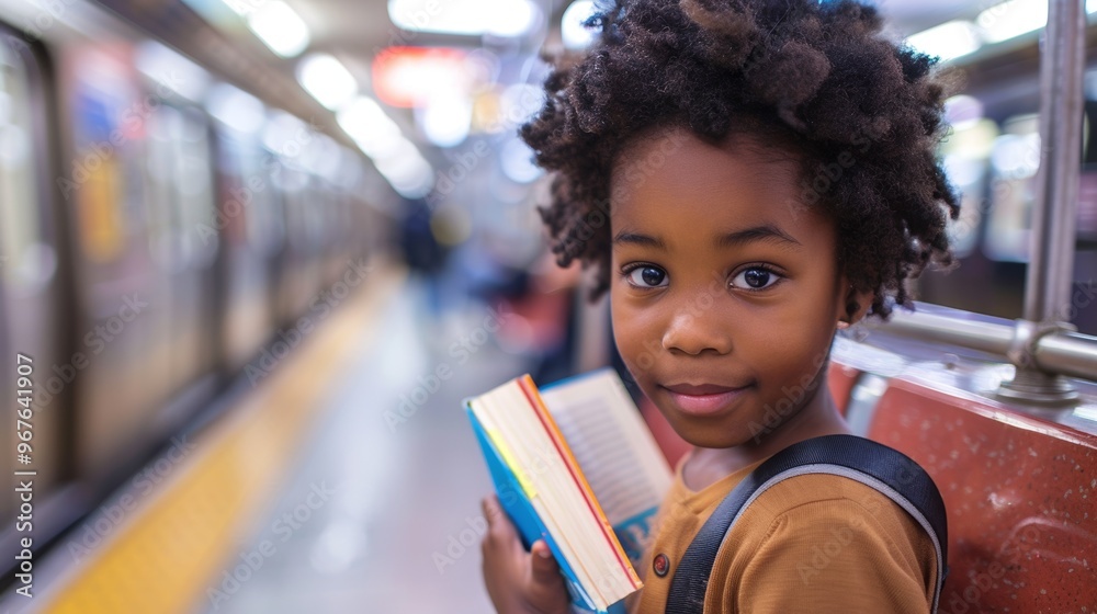 Pupil child reading a book on the metro, captured horizontally to show ...