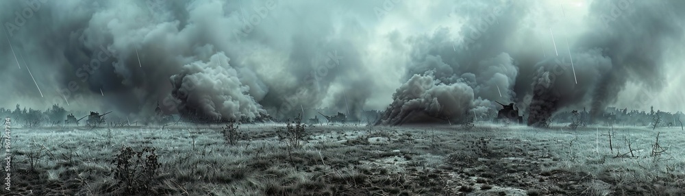 Infrared view of a battlefield, with smoke obscuring the ground but ...