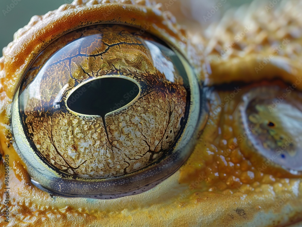 Macro shot of a frogs bulging eye, highlighting the wideangle view and ...