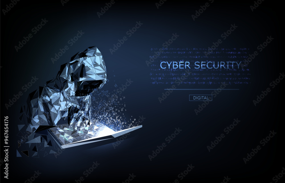 Abstract digital hacker. Cyber security concept. A man wearing a hoodie ...