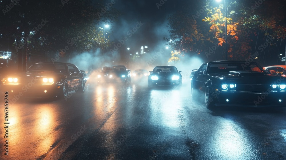 Halloween street race with muscle cars decorated in spooky themes ...