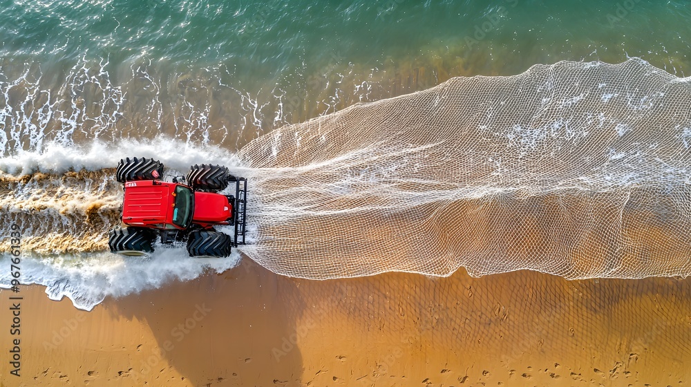 Aerial view of a red tractor on a beach, creating ripples in the sand ...