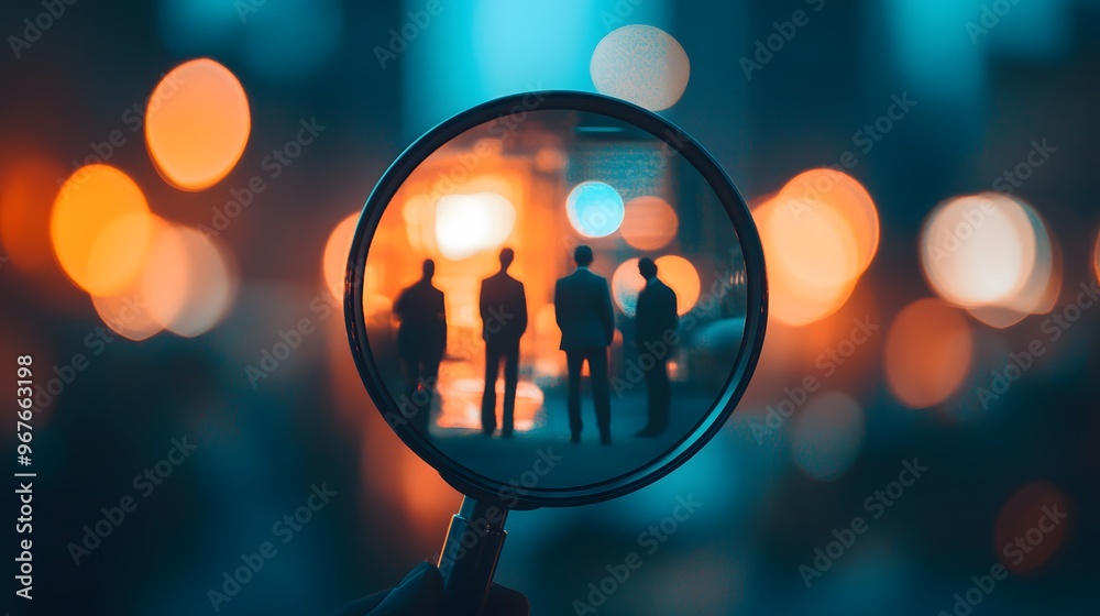A magnifying glass over an array of human figures, with some blurred ...