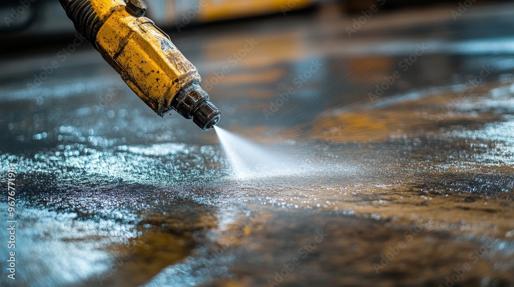 High-pressure water jetting from a nozzle, blasting away layers of dirt ...