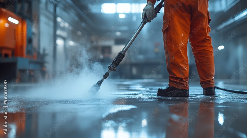 Industrial scene of a worker using a high-pressure cleaner to remove ...