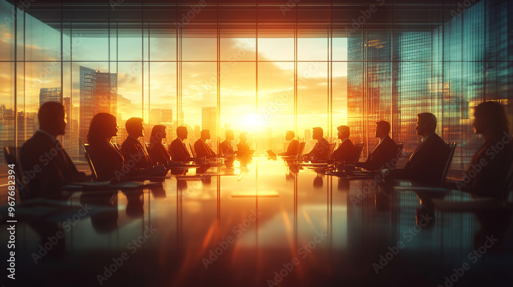 blurry office meeting scene with indistinct figures, conveying a sense ...