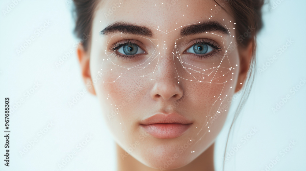 Facial recognition system. Woman with digital biometric grid on light ...