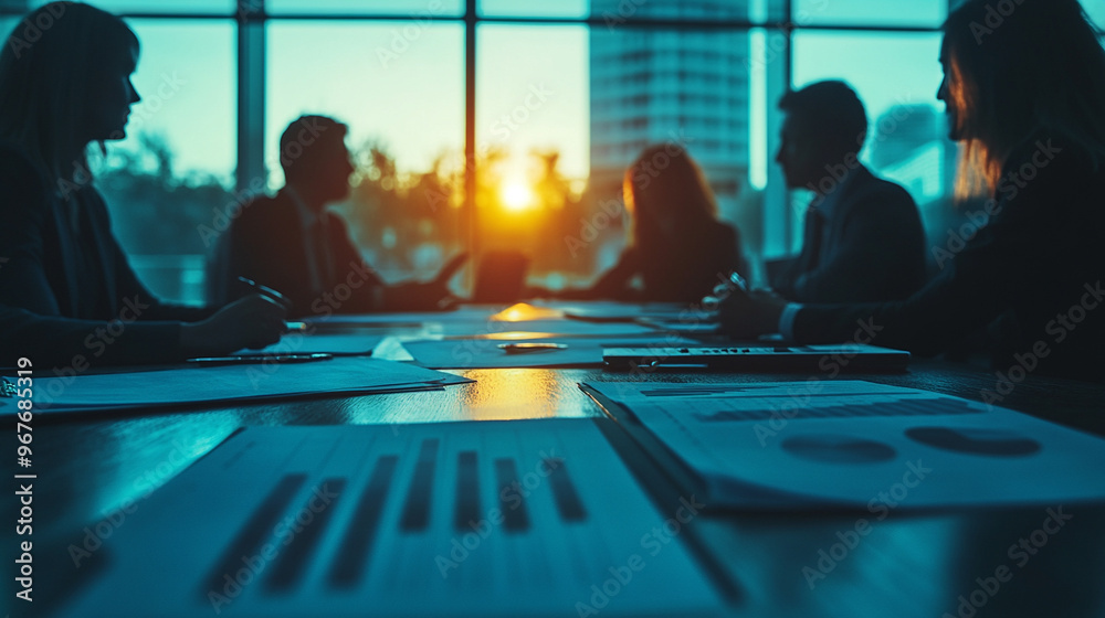 blurry office meeting scene with indistinct figures, conveying a sense ...