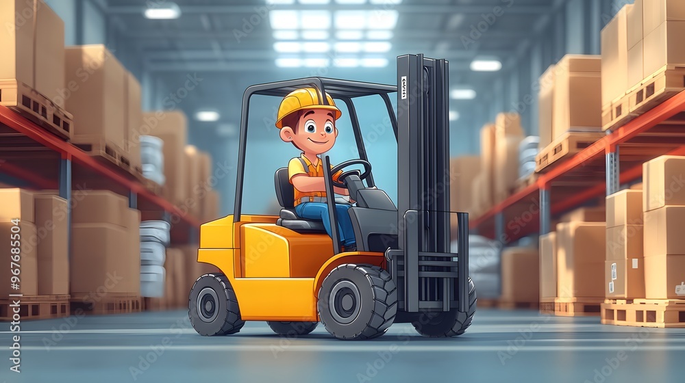 A cheerful warehouse worker driving a forklift, moving pallets in a ...