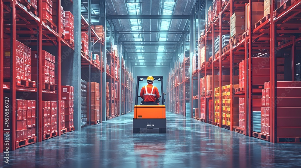 Warehouse worker operating a forklift, transporting pallets in a large ...