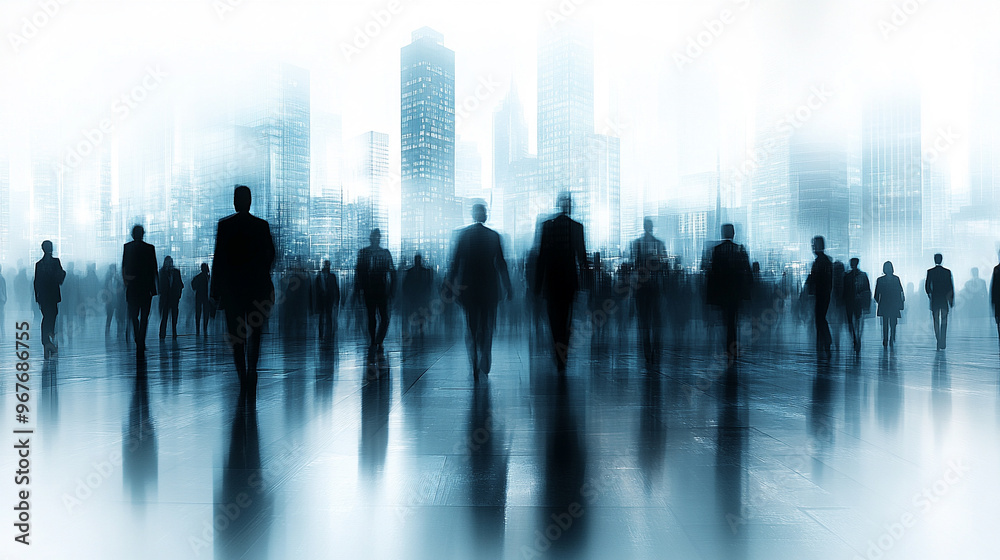 blurry office meeting scene with indistinct figures, conveying a sense ...