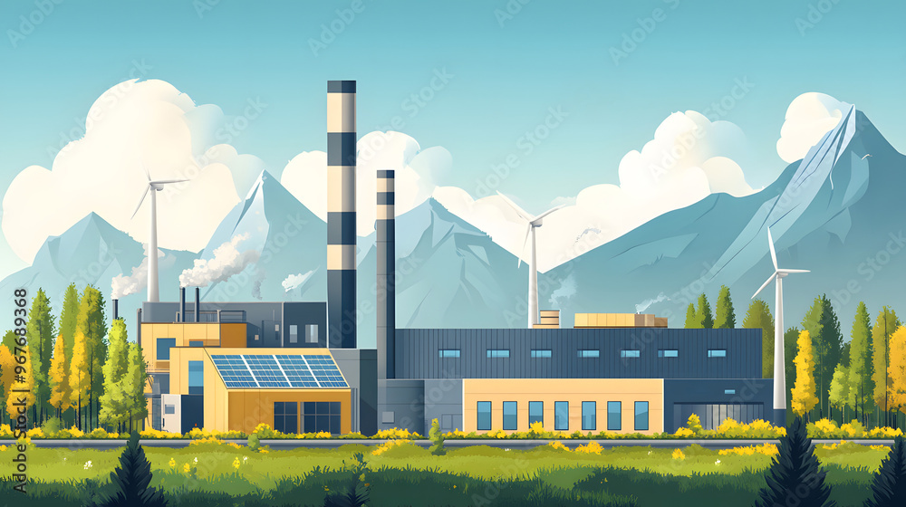 Vector illustration of a sustainable factory featuring wind turbines ...