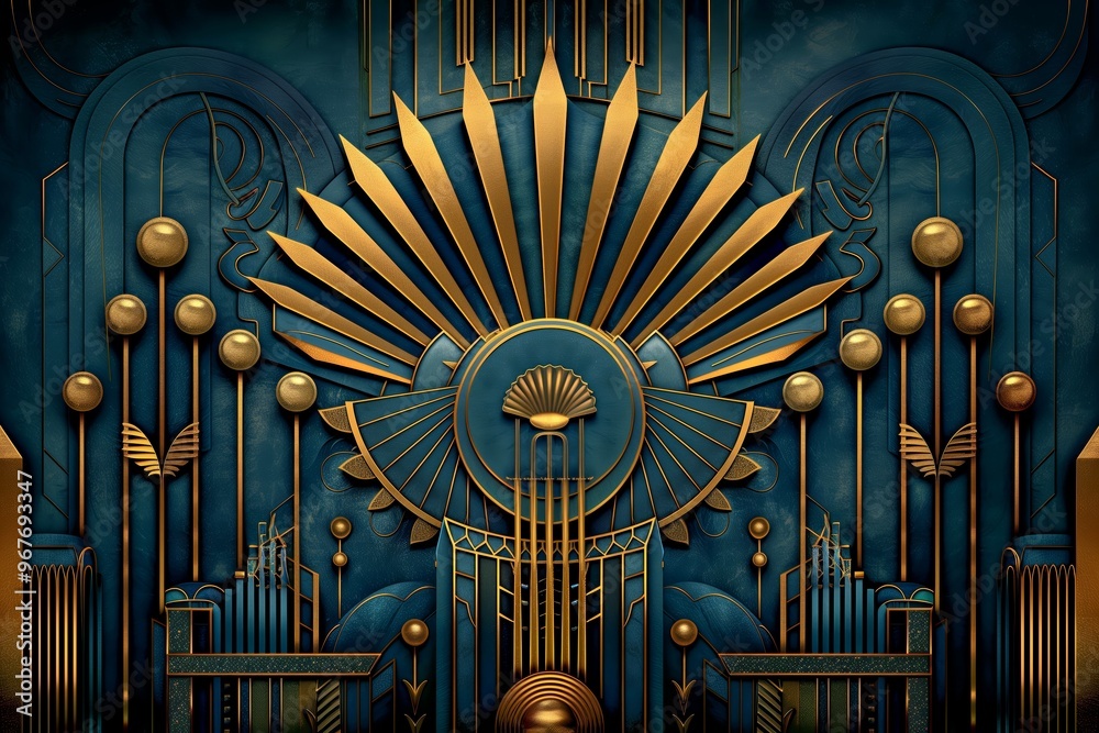 Art deco fan design in gold and blue, bold geometric shapes with ...