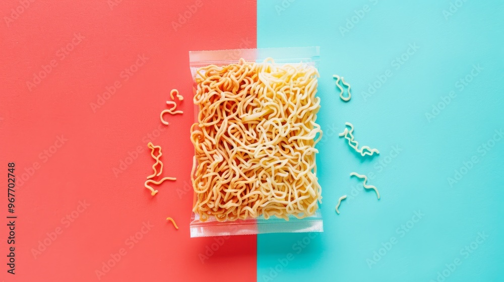 A pack of instant noodles on a split red and teal background, with some ...