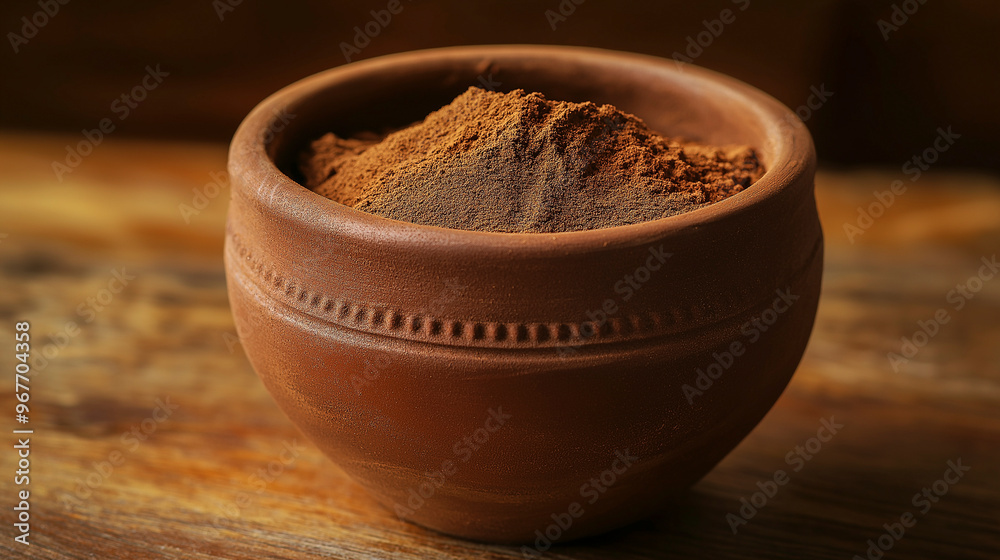 Um pote de barro simples e artesanal cheio de pó marrom terroso ...