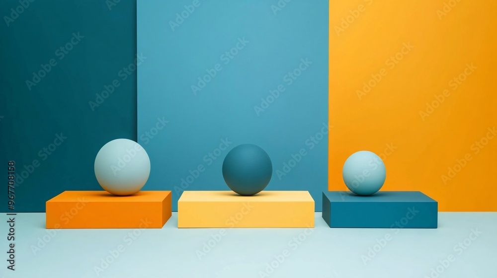 Dynamic 3D geometric shapes such as cubes spheres and pyramids layered ...