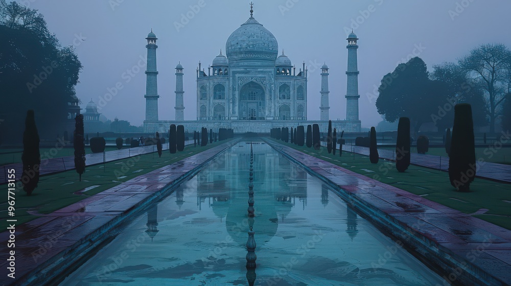 A serene view of the Taj Mahal amidst light rain, with raindrops ...