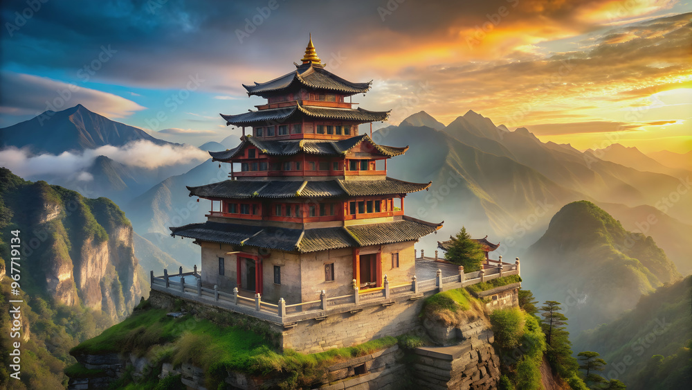 A detailed photo of an ancient and sacred temple located high up in the ...